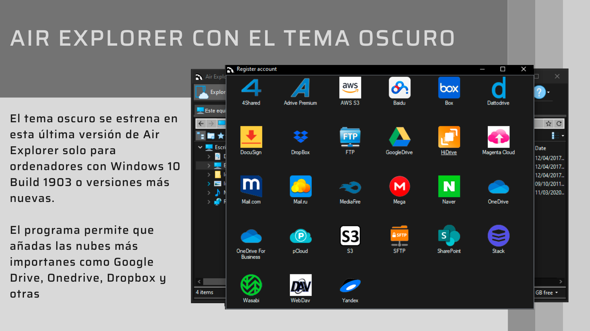 Air Explorer con el tema oscuro